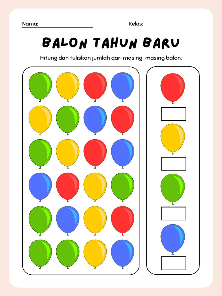 Menghitung Balon Tahun Baru Lembar Kerja Matematika Berwarna Ilustratif ...