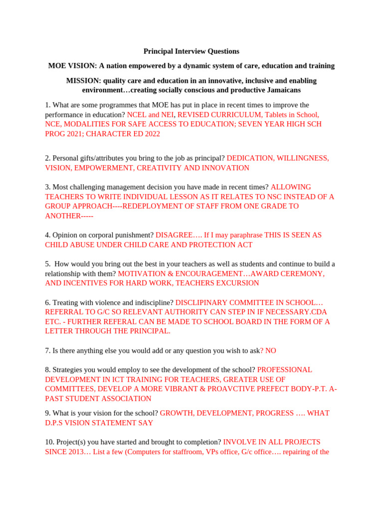 Principal Interview Questions | PDF | Teachers | Learning
