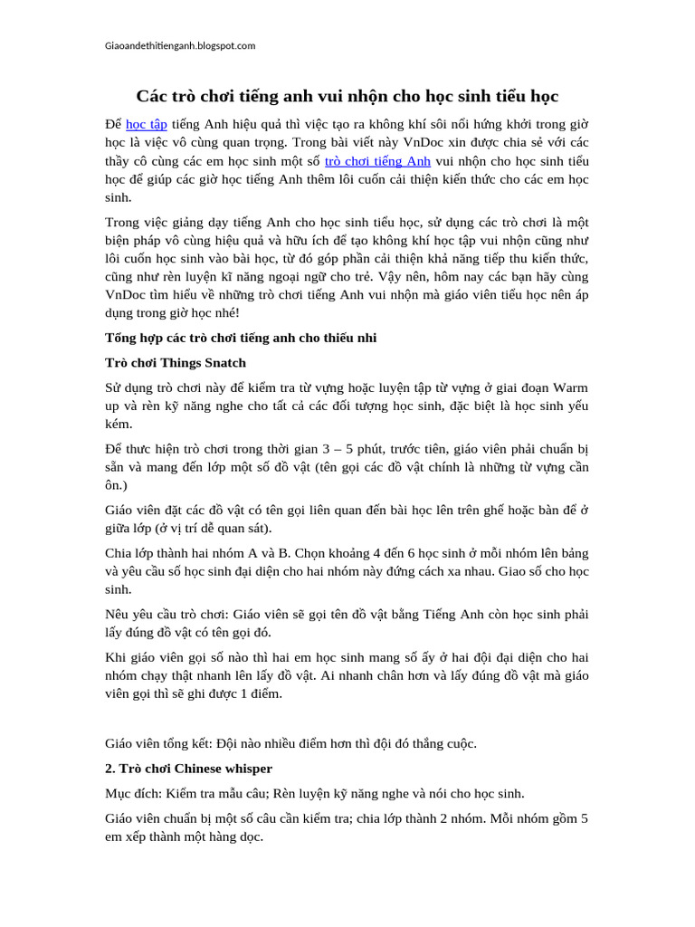 Tro Choi Tieng Anh Cho Hoc Sinh Tieu Hoc 1 | PDF