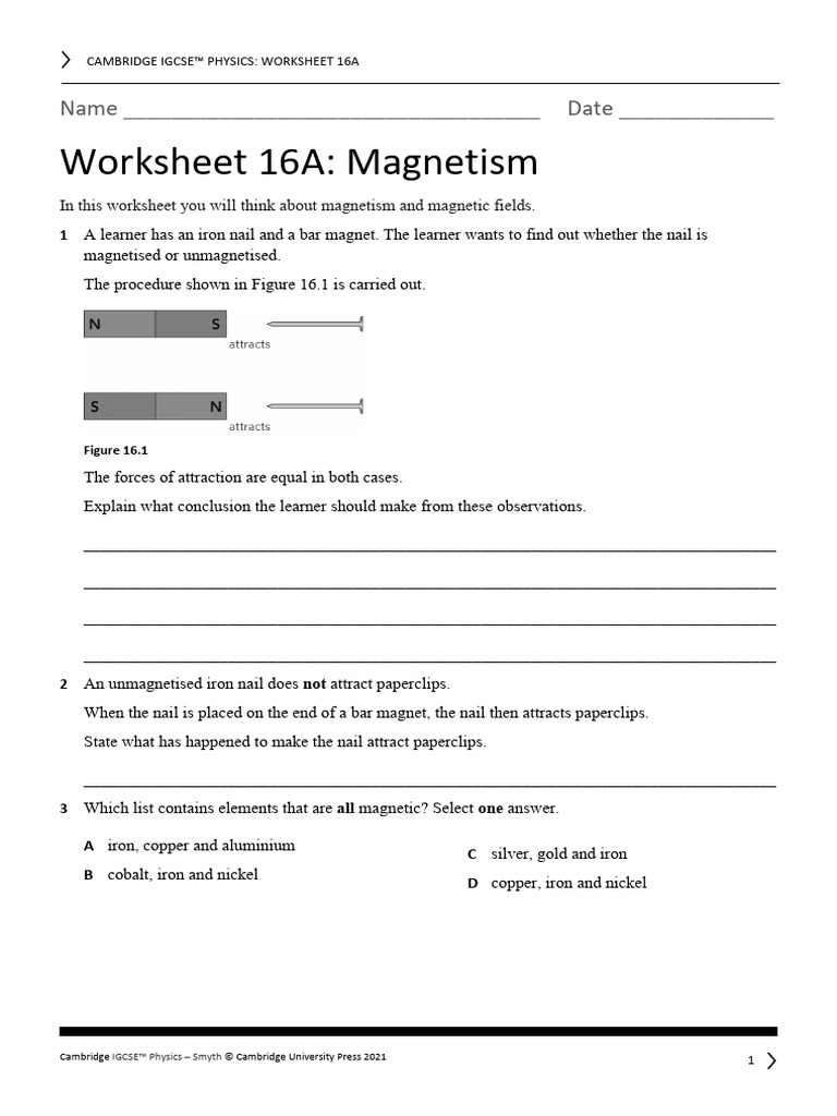 Magnetism Worksheet for IGCSE Physics | PDF
