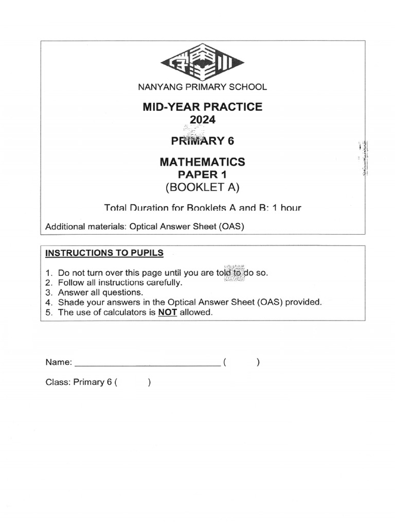 2024-P6-Maths-Mid Year Practice Paper-Nanyang | PDF