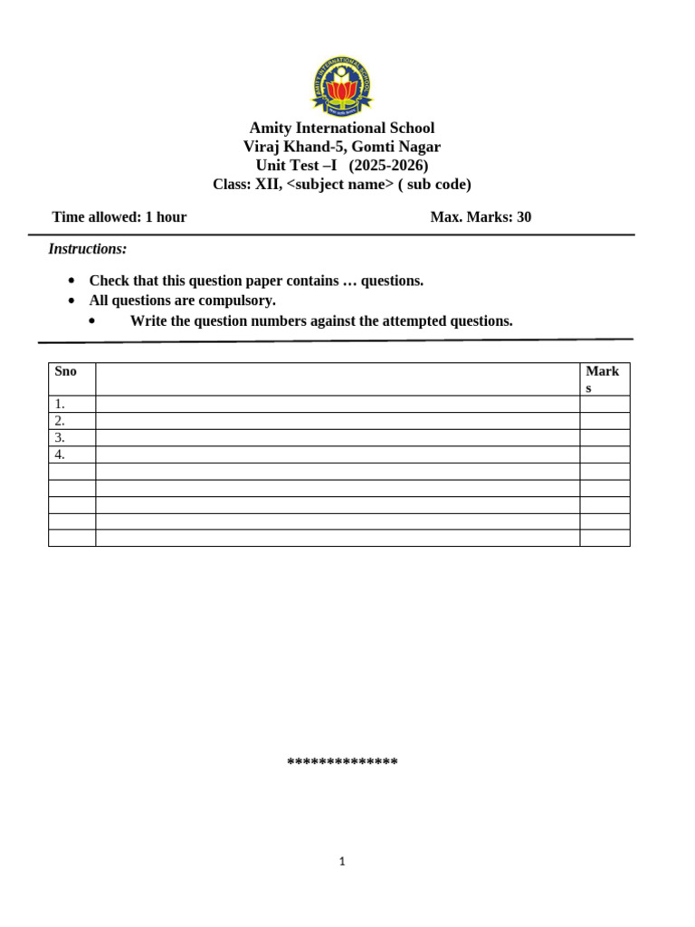 Class XII Unit Test I 2025-2026 | PDF