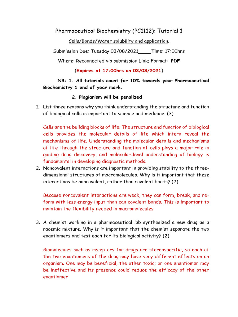 Pharmaceutical Biochemistry Tutorial 1 Memo | PDF | Solvation | Intermolecular Force