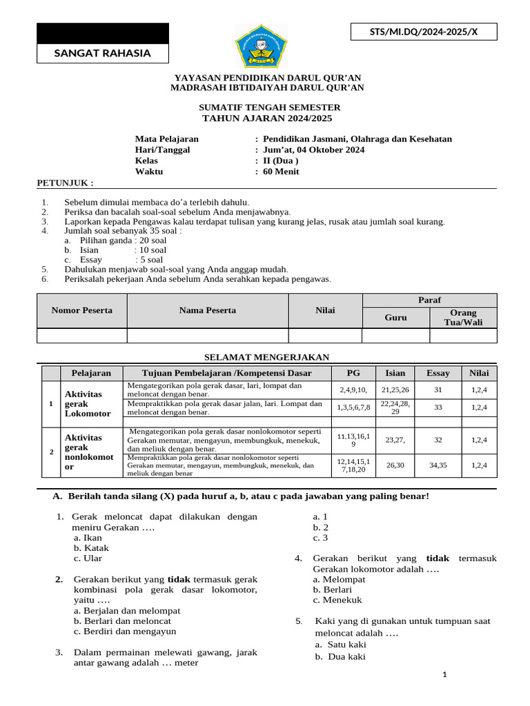 Blanko Soal PTS Ganjil 2024-2025 Pjok | PDF
