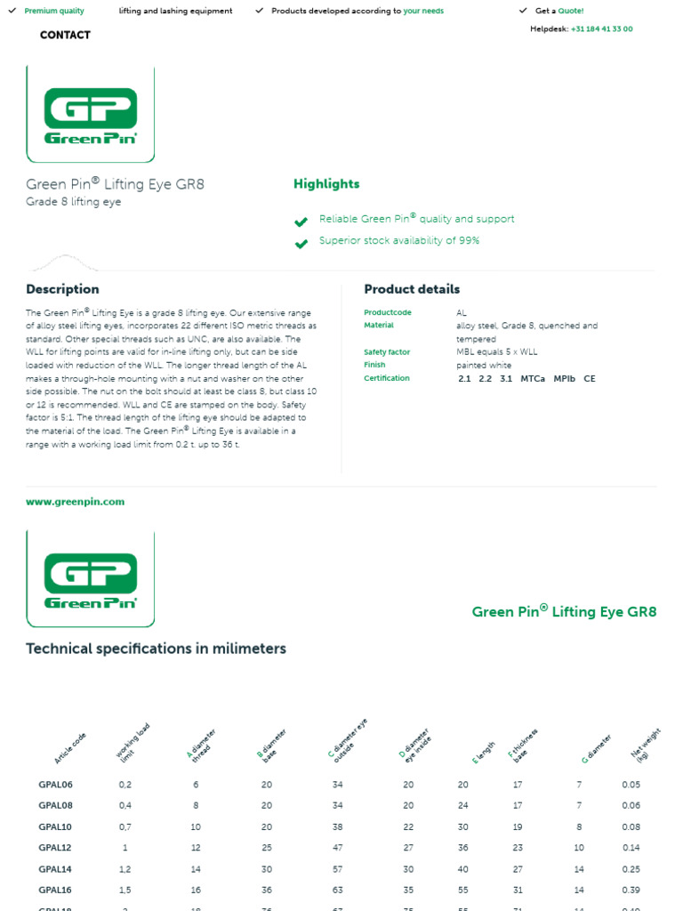 Green Pin® Lifting Eye GR8 - Green Pin | PDF | Metals | Building Materials