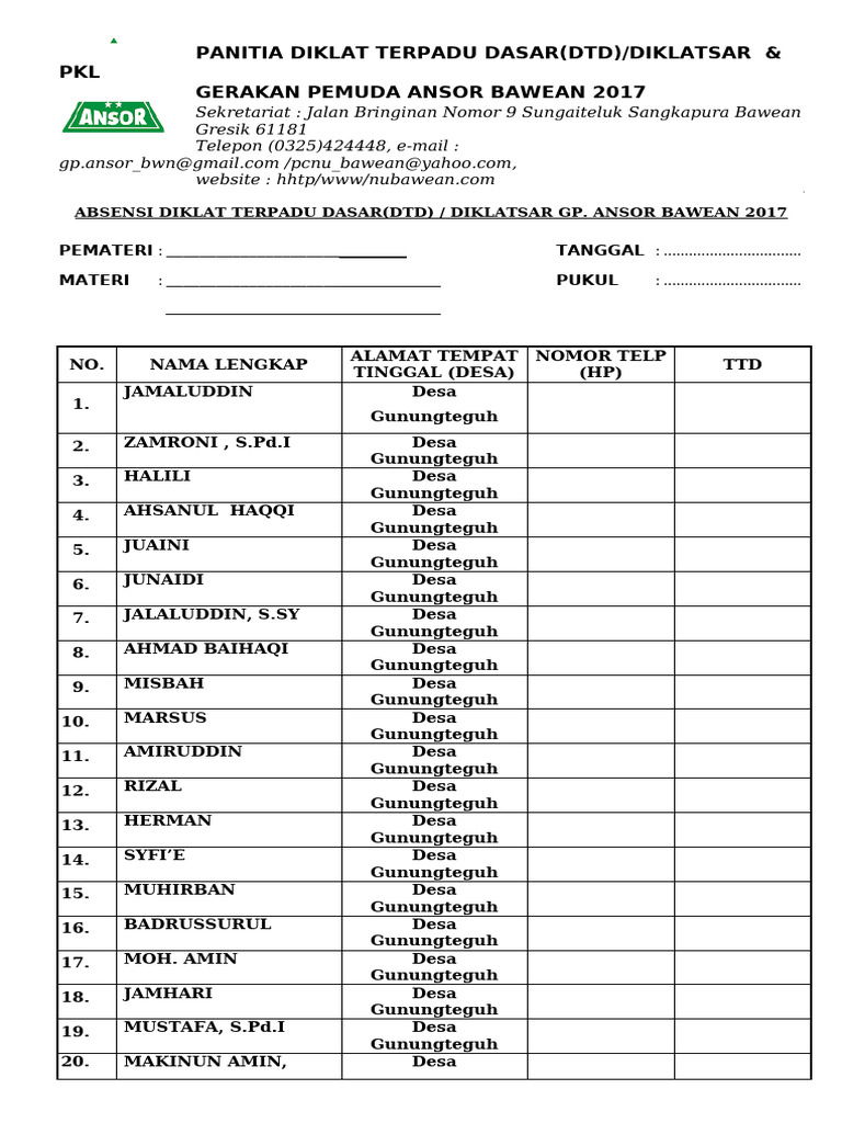 Daftar HADIR Peserta DTD 2017 Printer | PDF
