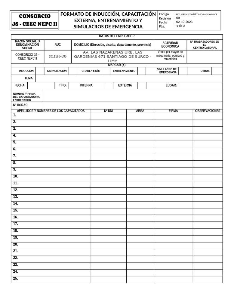 RFTL-PRY-4200087871-HSE-FOR-01-JSCE Formato de Induccion, Capacitacion, Entrenamiento y ...