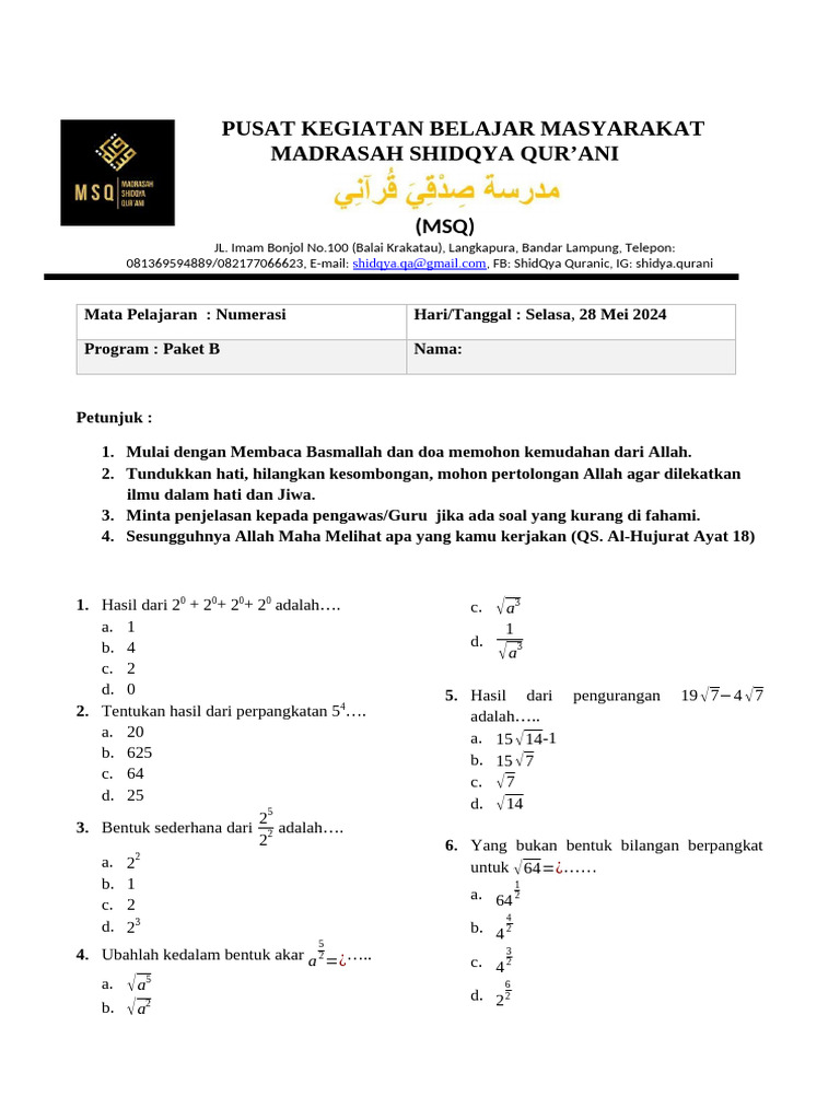 Soal Numerasi PAS Genap MSQ b1 | PDF