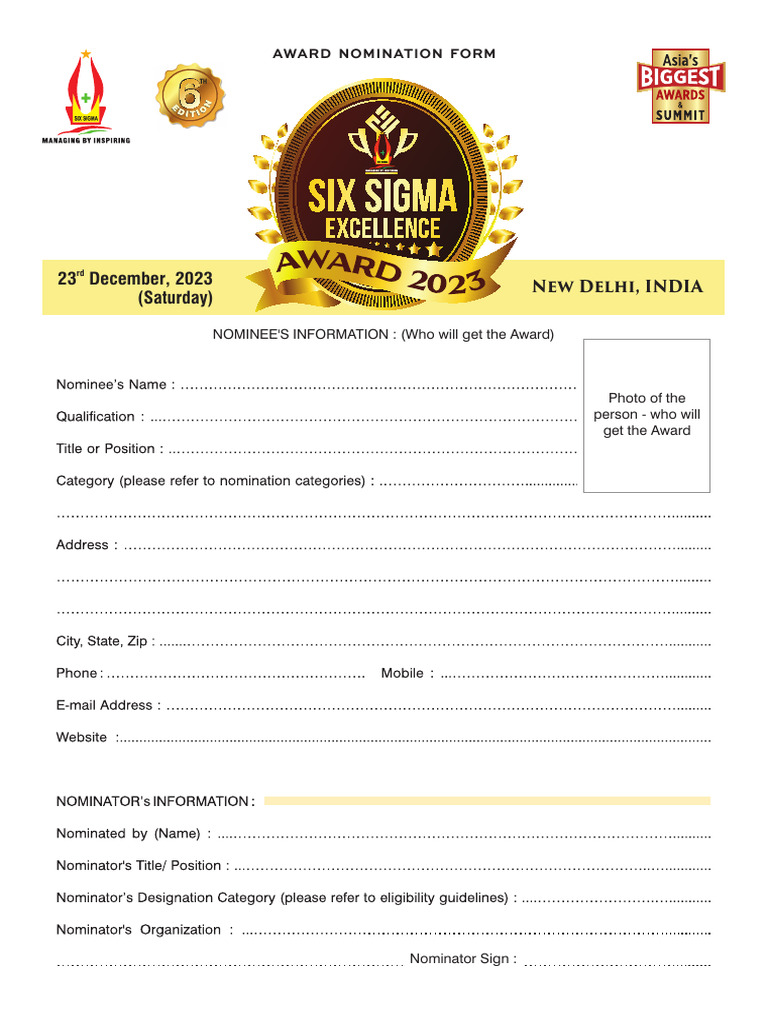 Nomination Form - Six Sigma Healthcare Excellence Awards 2021 | PDF