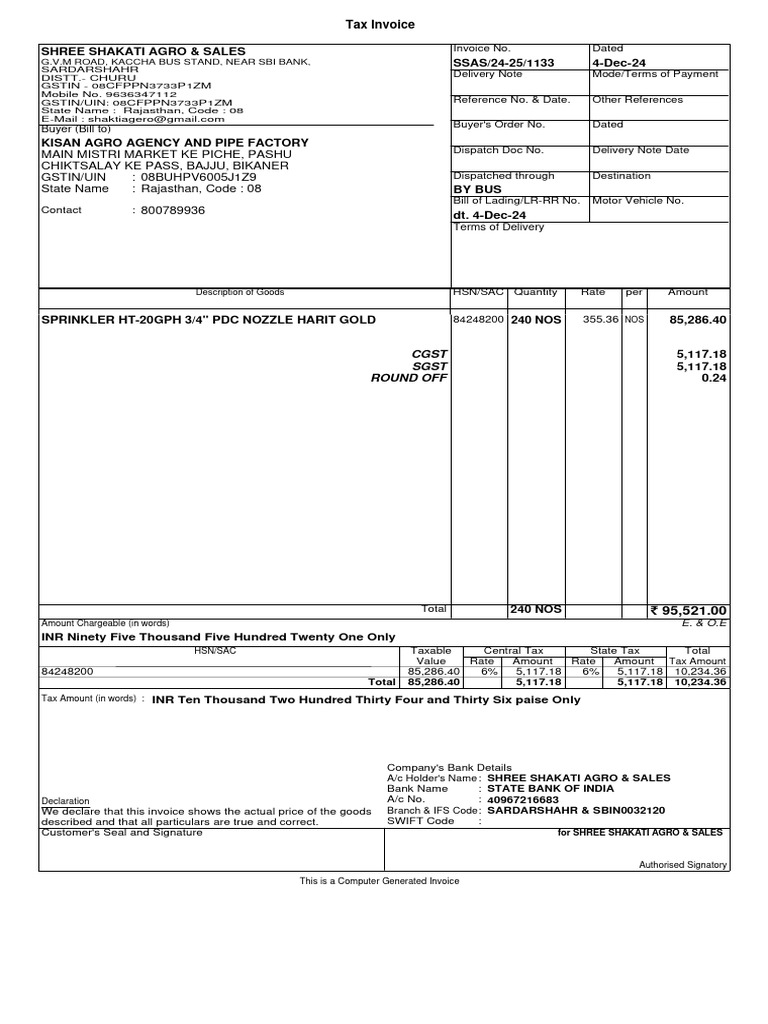 Kisan Agro Agency and Pipe Factory-Sales Bill | PDF | Invoice ...