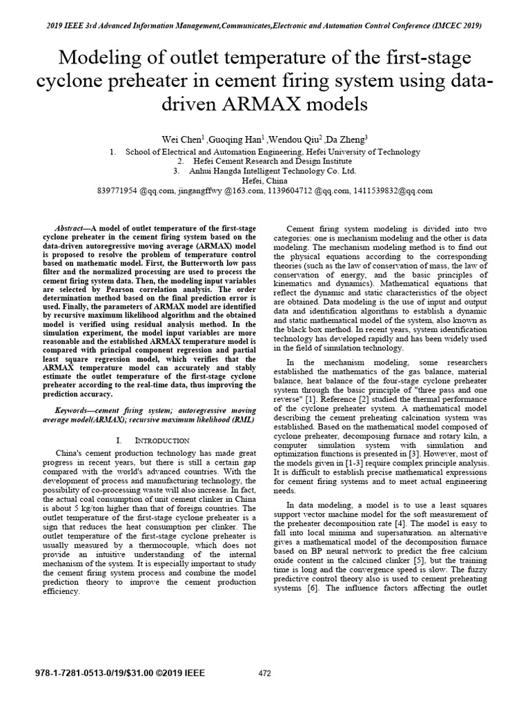Modeling of Outlet Temperature of The First-Stage Cyclone Preheater in Cement Firing System ...