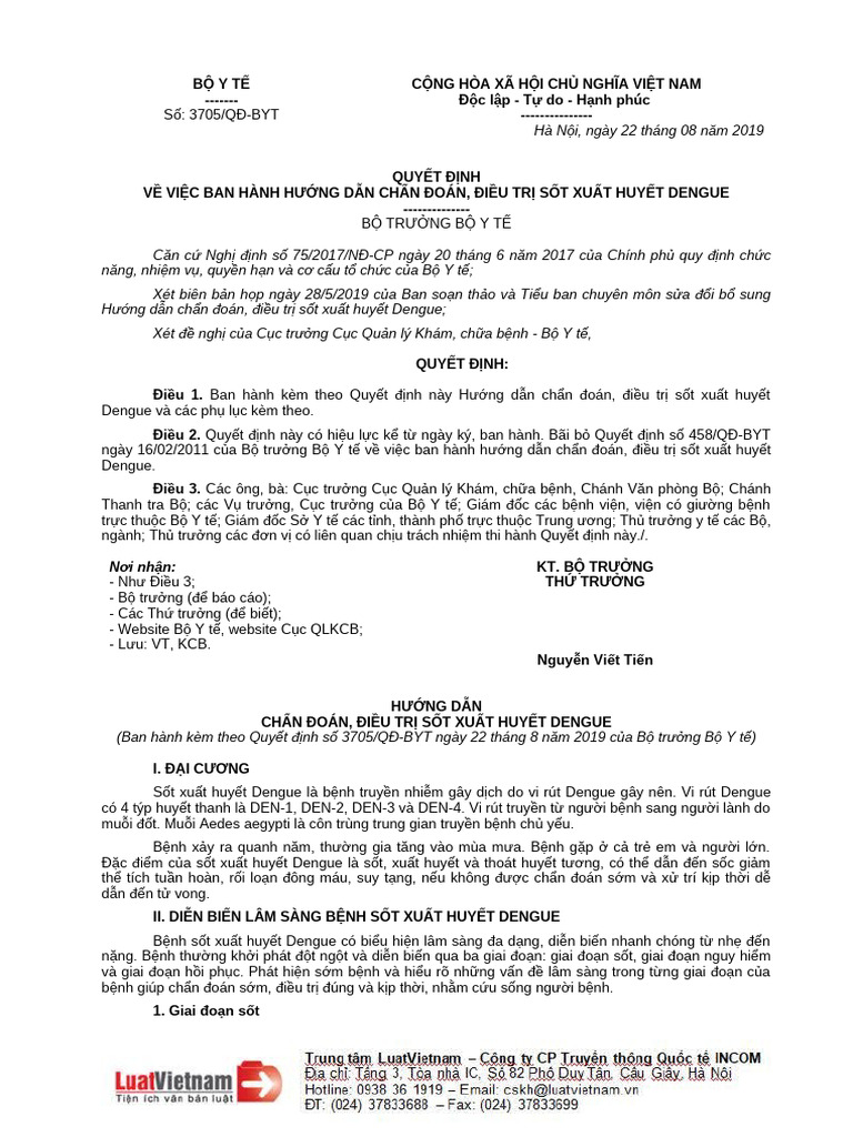 Quyet Dinh 3705 Qd Byt 2019 Huong Dan Chan Doan Dieu Tri Sot Xuat Huyet Dengue | PDF