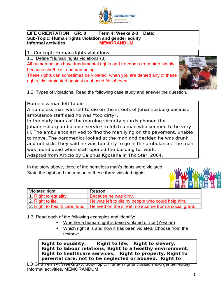 Gr. 8 T4, MEMORANDUM, Week 2-3, Worksheet 11, Human Rights Violations and Gender Equity | PDF ...