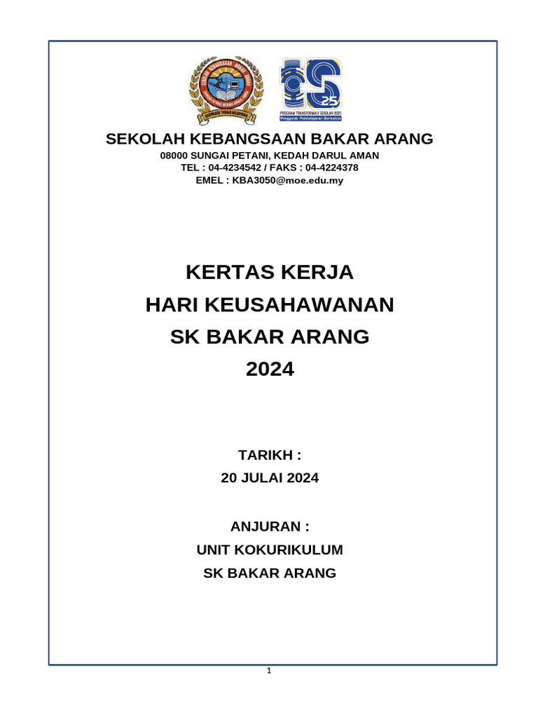 Kertas Kerja Hari Keusahawanan SK Bakar Arang 2024 | PDF