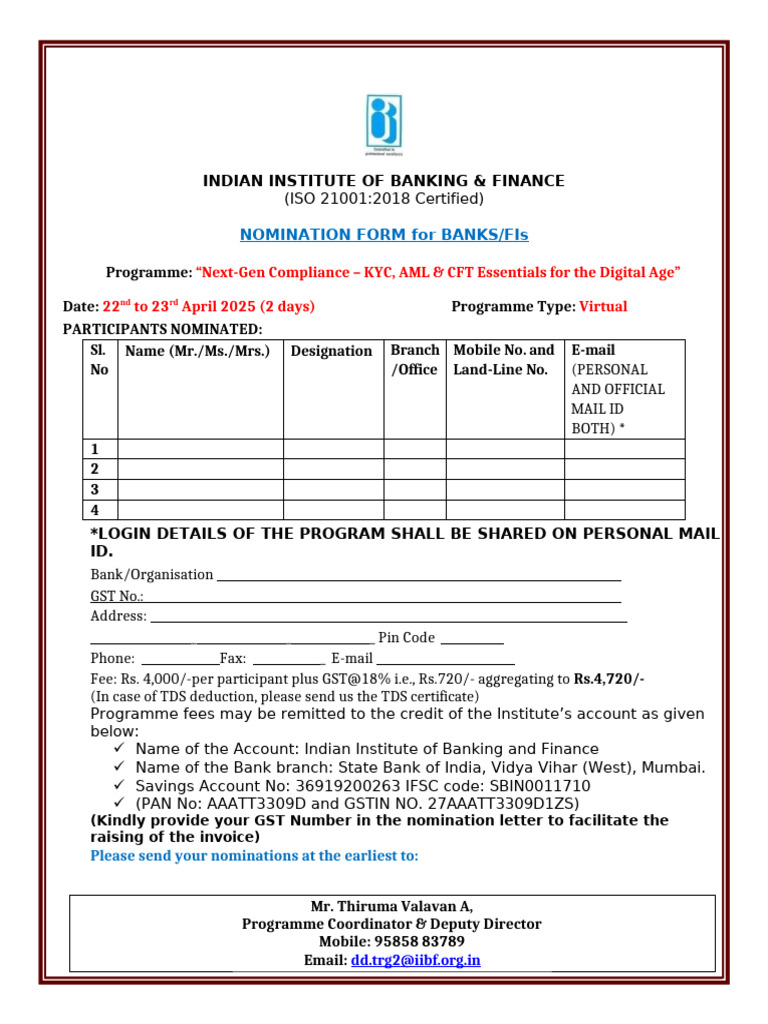 Nomination Regn Form Next Gen Compliance KYC AML and CFT Essentials For The Digital Age 22-23 ...