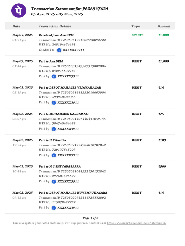 PhonePe Statement Apr2025 May2025 | PDF | Debits And Credits | Debit Card