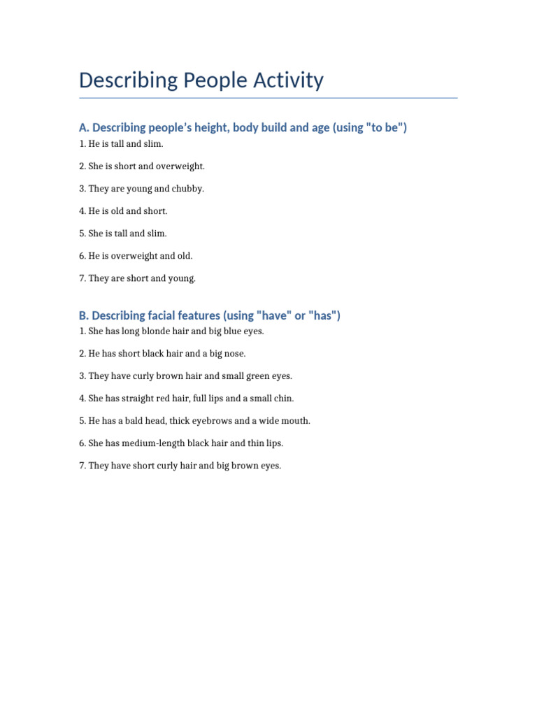 Describing People Activity | PDF