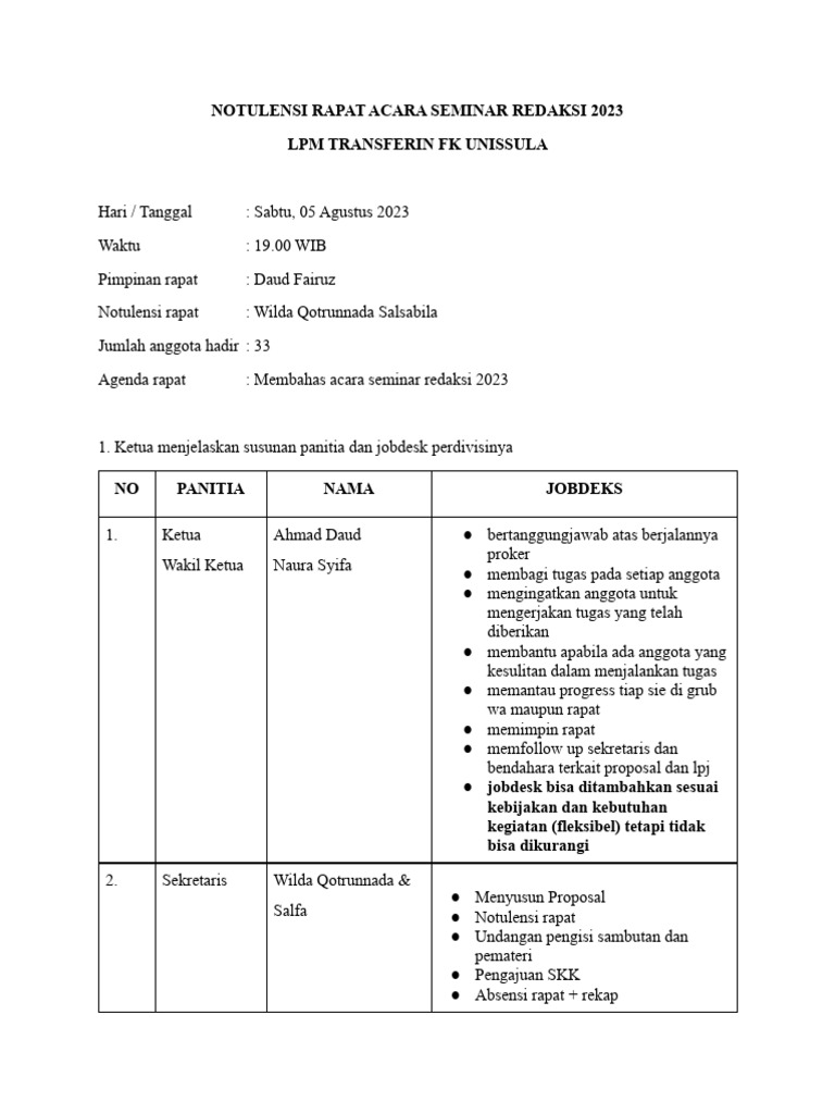 Notulensi Rapat 5 Agustus Acara Seminar Redaksi | PDF