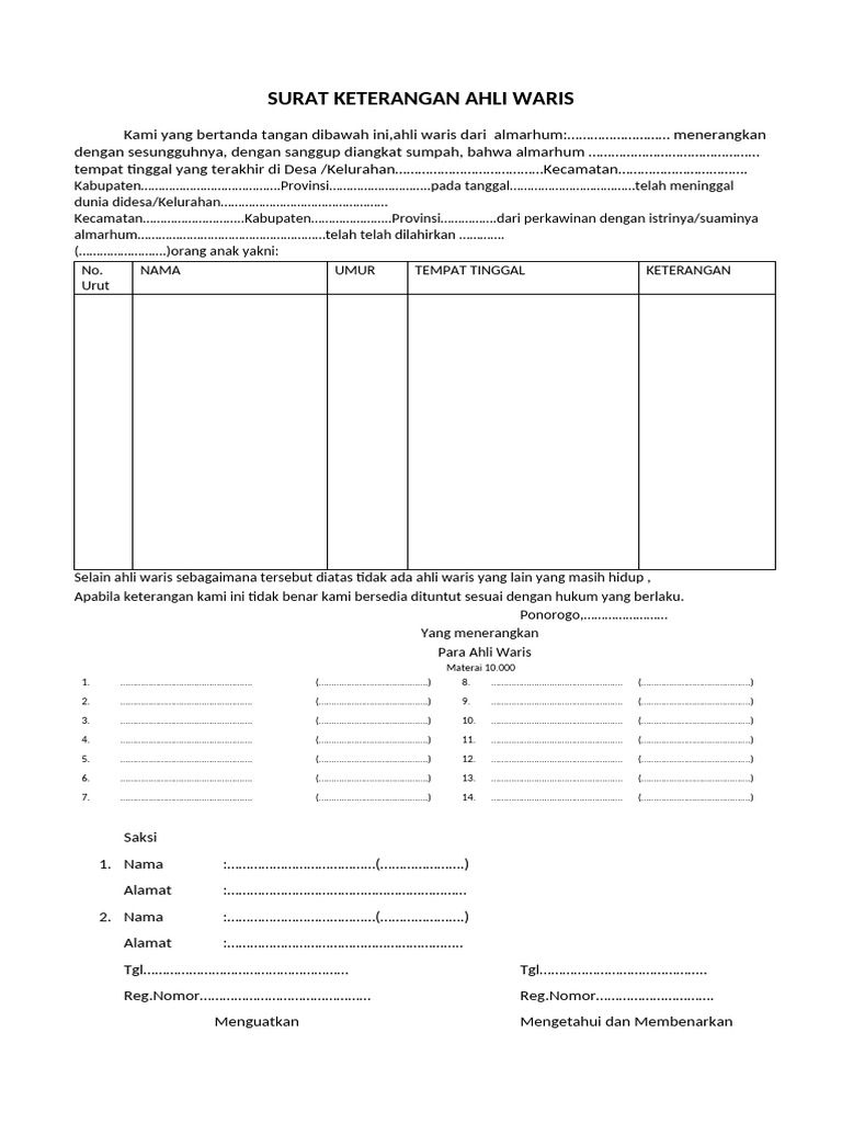 Blangko SURAT KETERANGAN AHLI WARIS | PDF