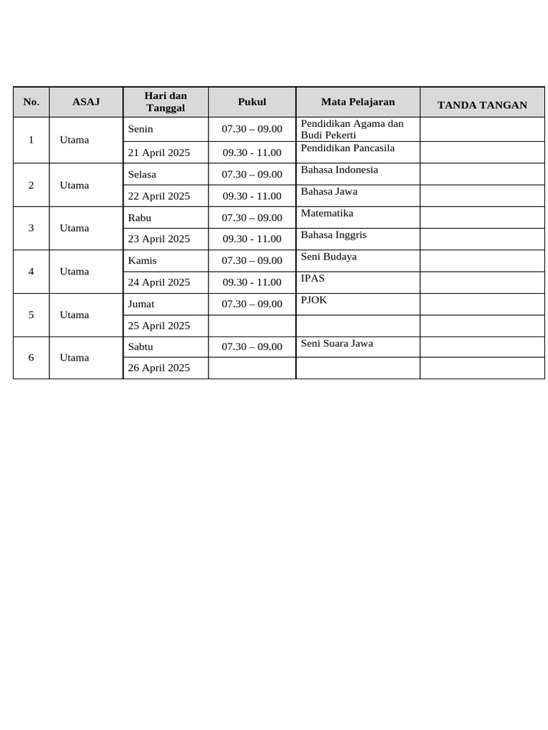 Tabel Jadwal Pelajaran Mingguan | PDF