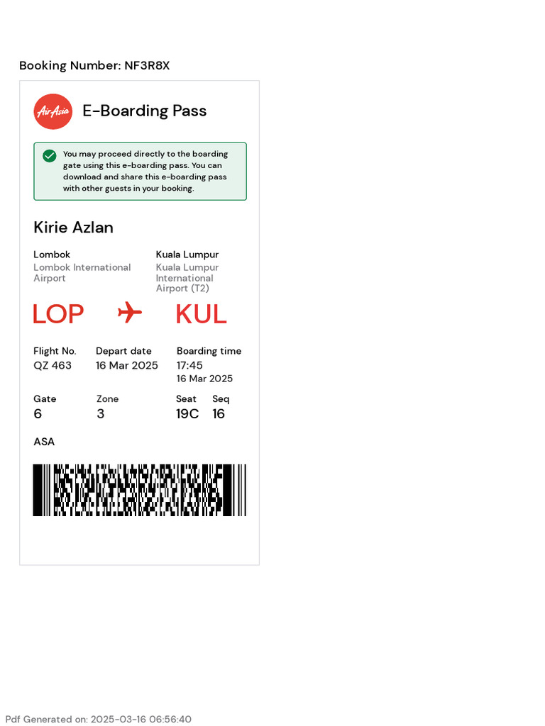 E-Boarding Pass: Booking Number: NF3R8X | PDF