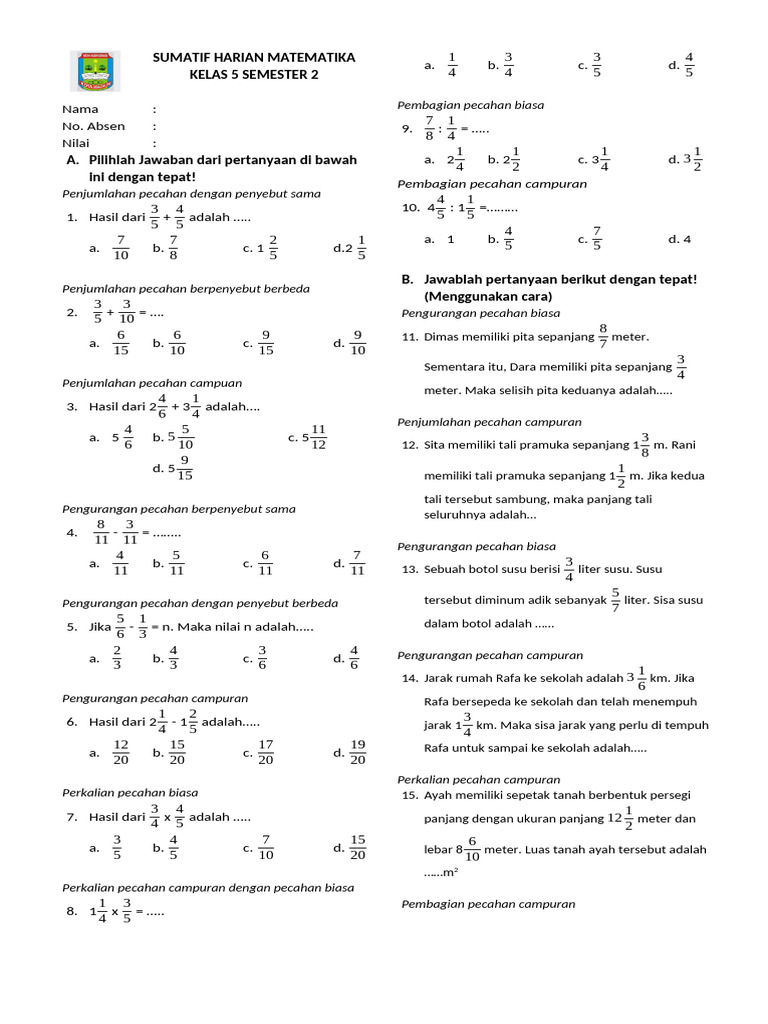 Sumatif Harian Matemtika Pecahan | PDF