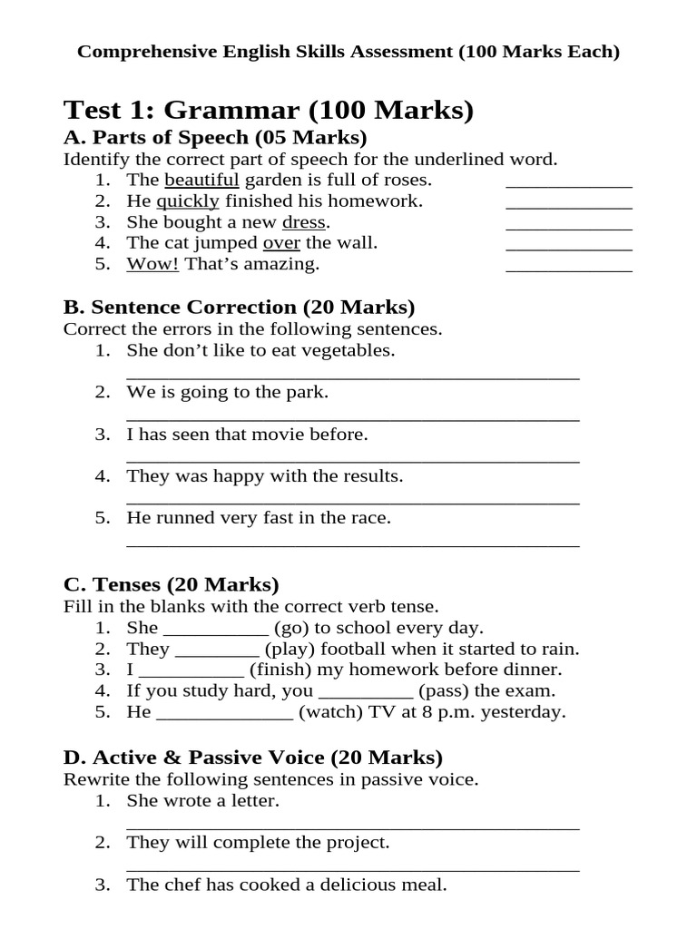 English Skills Assessment Tests | PDF | Reading Comprehension | Vocabulary