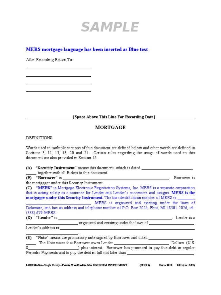 Sample: MERS Mortgage Language Has Been Inserted As Blue Text | PDF ...