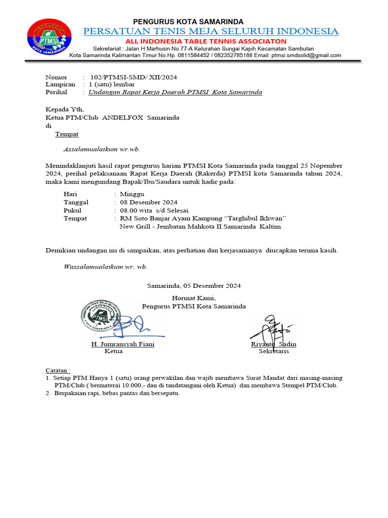 102 Undangan Rakerda PTM Aldelfox | PDF