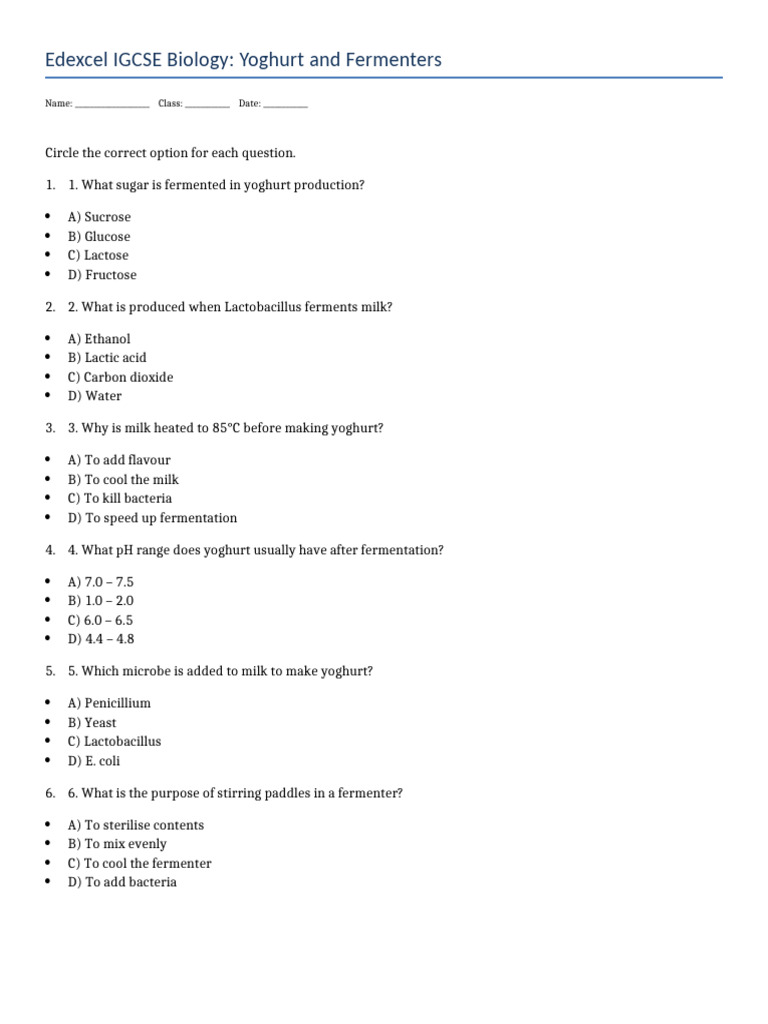 Yoghurt and Fermenters 20 MCQ Worksheet | PDF | Fermentation | Cellular ...