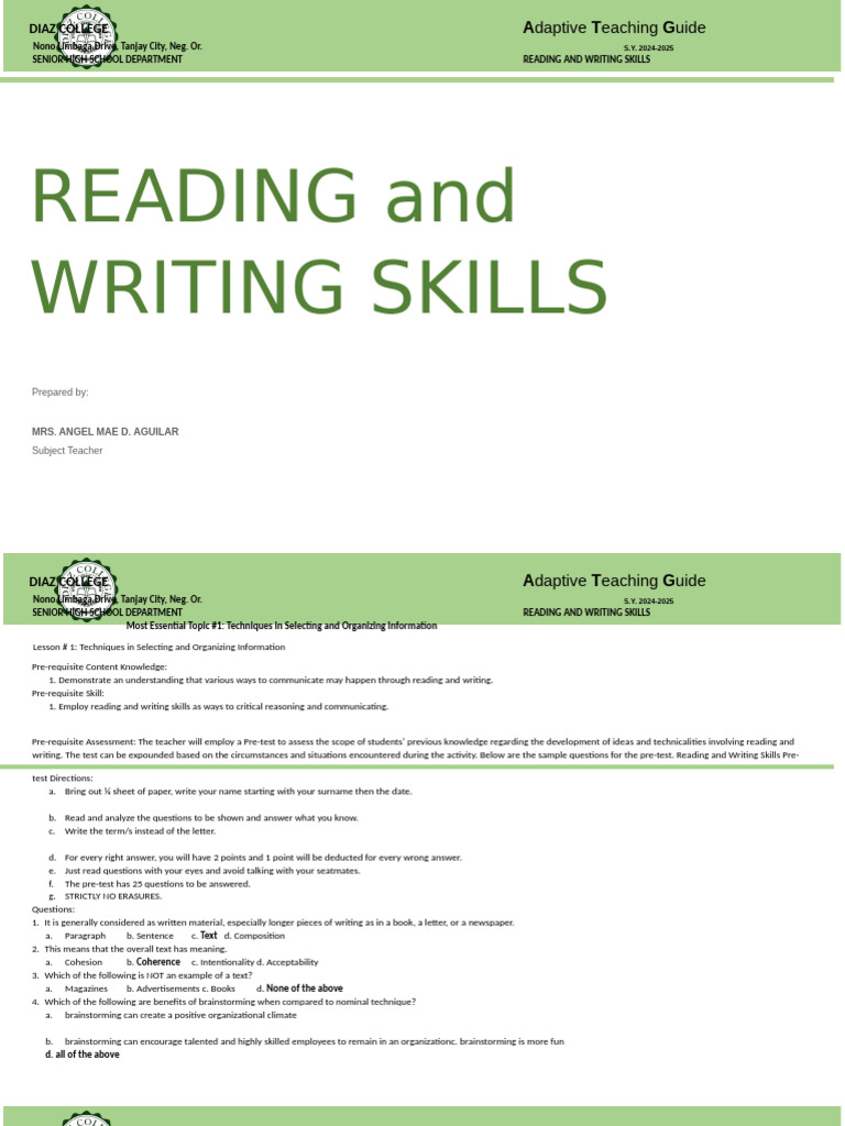 ATG-Reading and Writing 2024-2025.. | PDF | Brainstorming | Learning