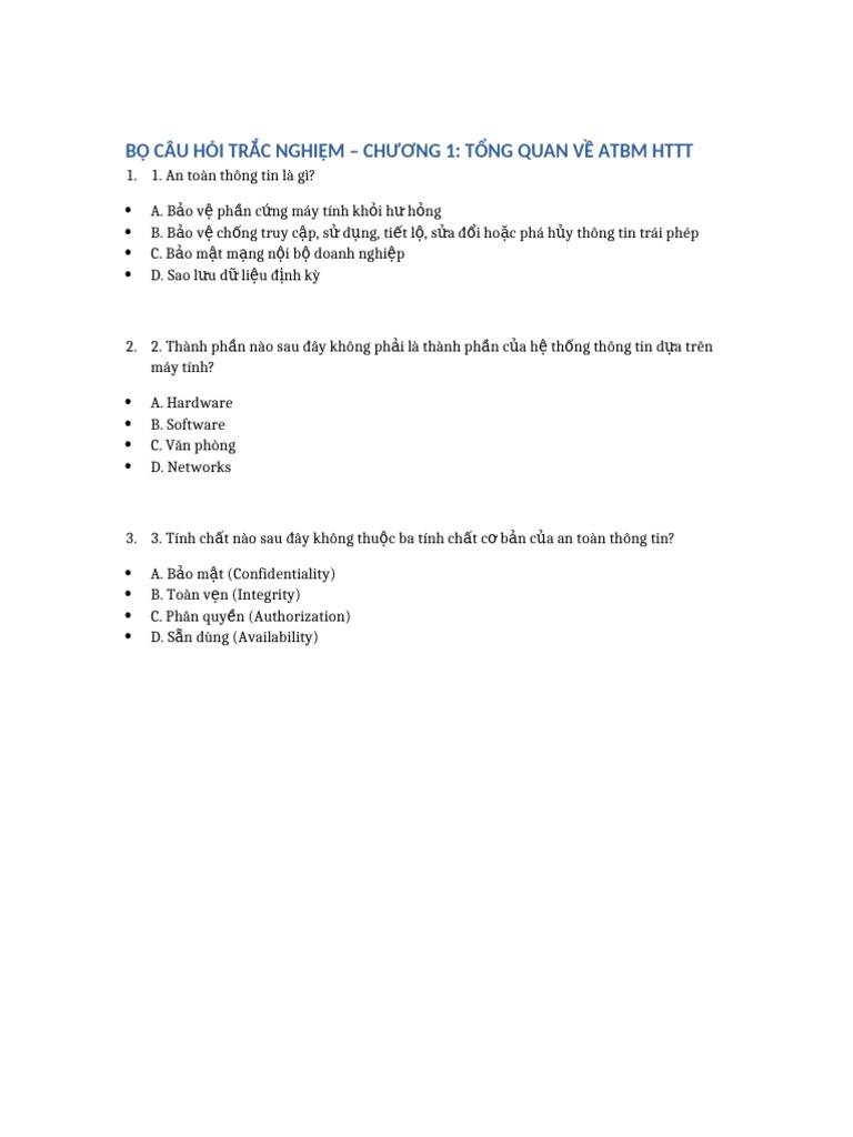 Cau Hoi Trac Nghiem ATBM Chuong 1 | PDF
