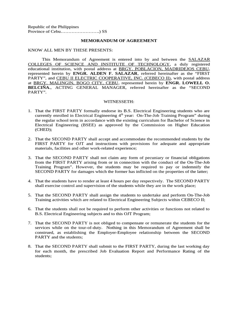 Sample - Moa Ojt Ee S.Y. 2024 2025 Cebeco II | PDF | Justice | Crime ...