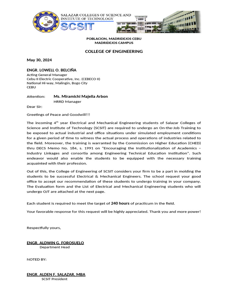 Sample.ojt Letter Ee Me Summer s.y. 2024 25 Cebeco II | PDF