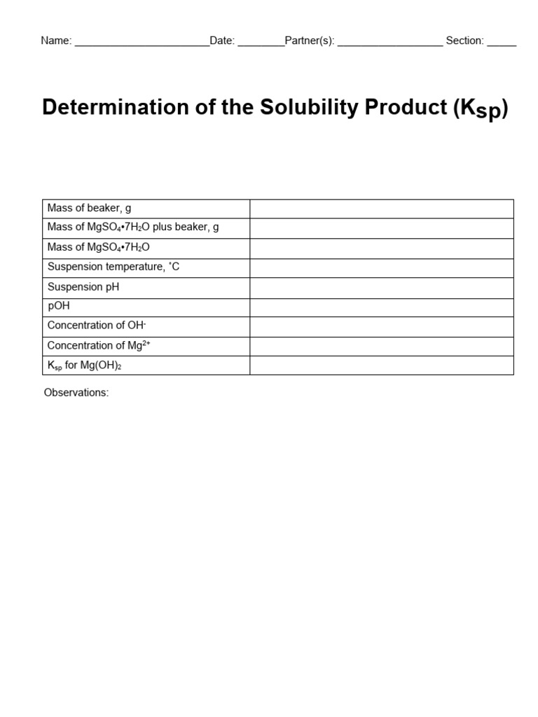 (Experiment 9 - Determination of The Solubility Product, KSP) - Data ...