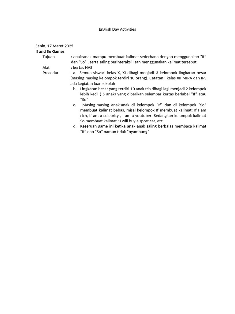 English Day Activities | PDF