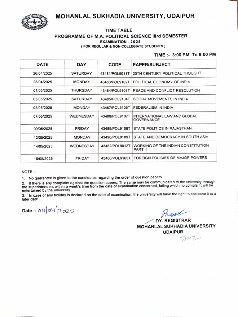 M.A. Political Science Exam Schedule 2025 | PDF
