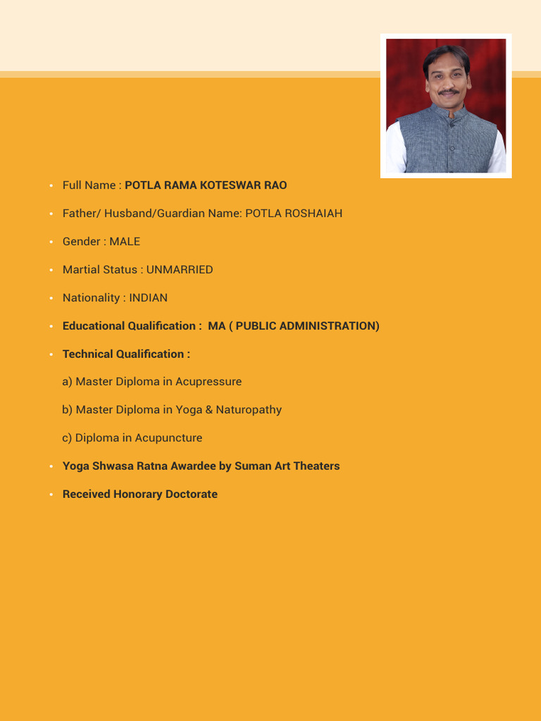 Yoga Expert Profile of Potla Rama Koteswar Rao | PDF