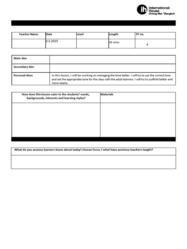 Tp 4 TESOL Lesson Plan Cover Sheet B-W | PDF