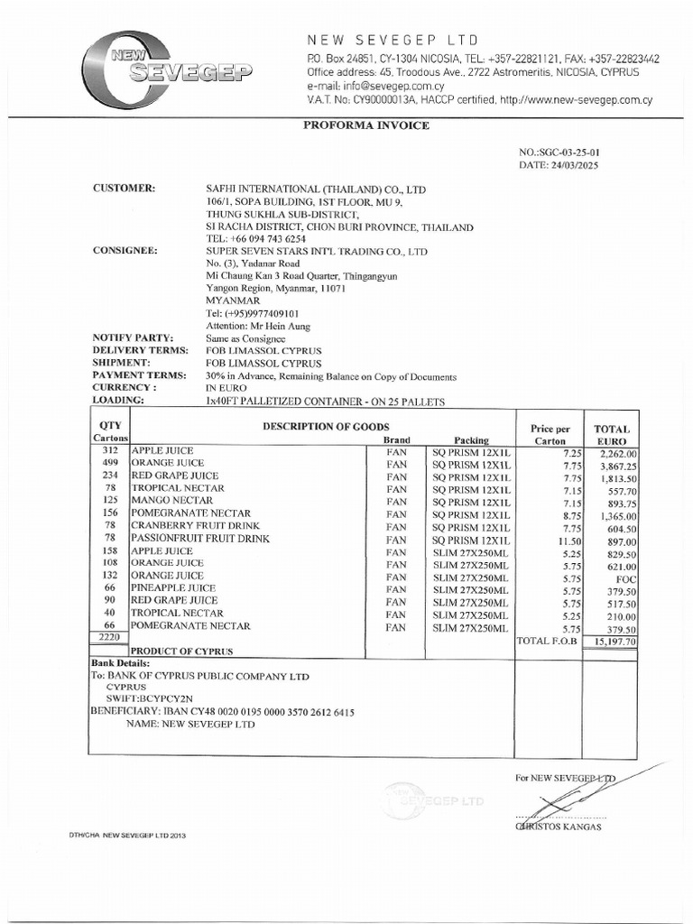 SAFHI INTERNATIONAL Proforma SGC-03-25-01 Revised-1 | PDF