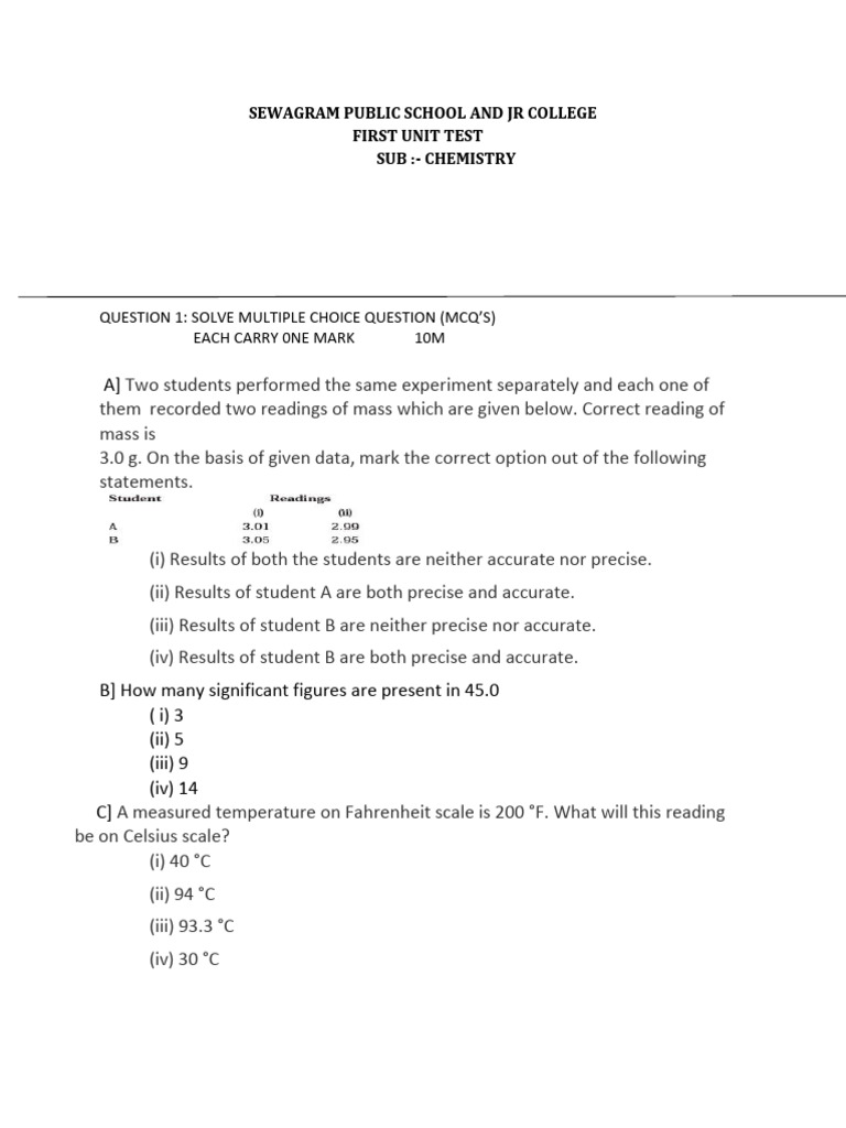 Class 11 Chemistry Unit 1 Test | PDF | Concentration | Molar Concentration