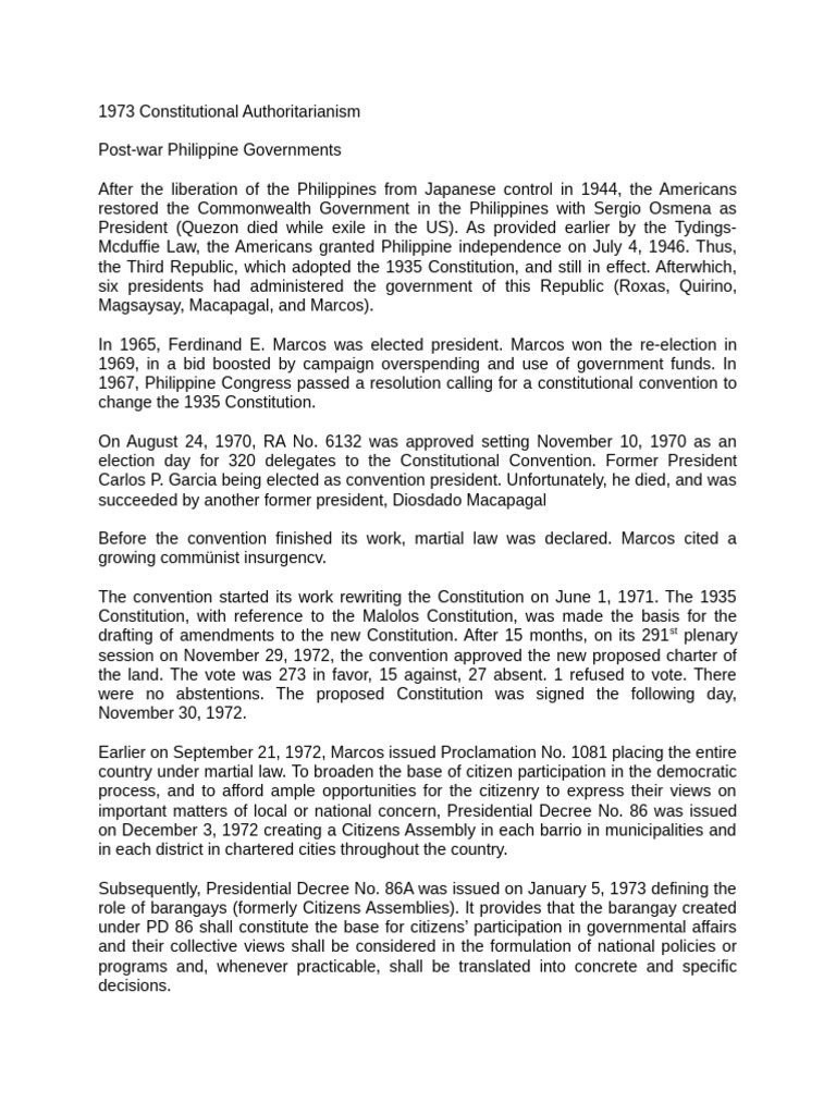 1973 Constitutional Authoritarianism | PDF | President Of The ...