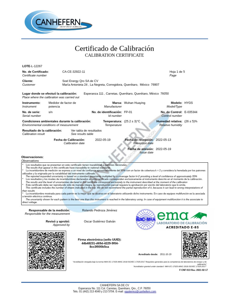Certificado Factor de Potencia | PDF | Electromagnetismo | Exactitud y precisión