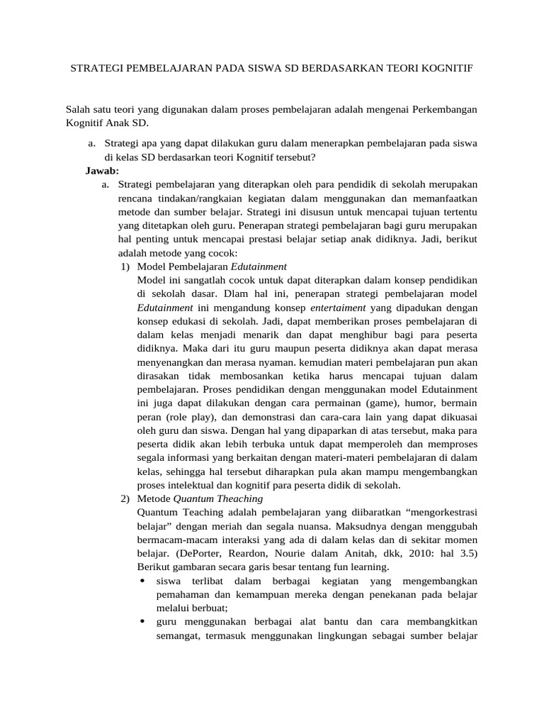Strategi Pembelajaran Pada Siswa SD Berdasarkan Teori Kognitif | PDF