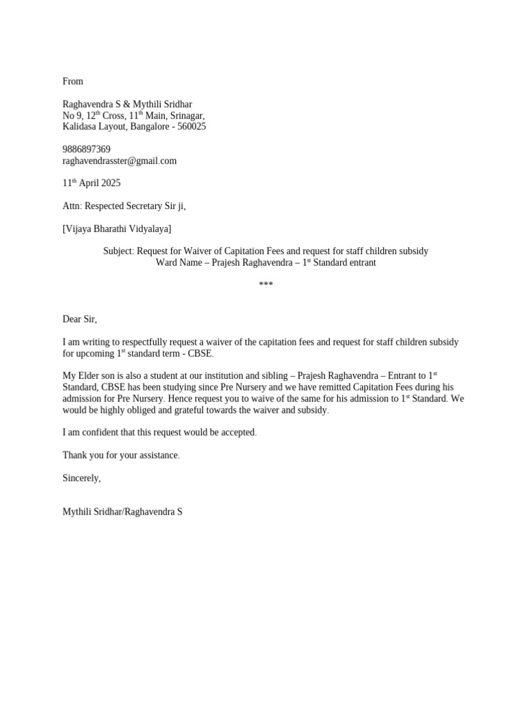 Request for Capitation Fee Waiver | PDF