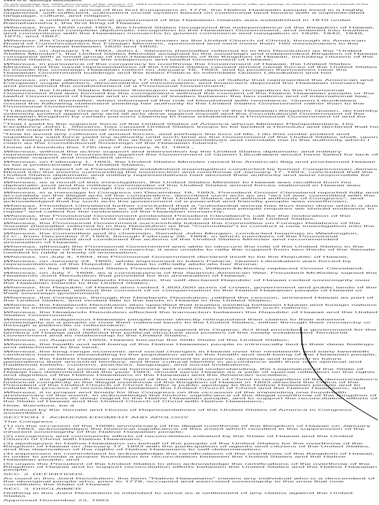 Hawaiian Kingdom - 1993 U.S. Apology Resolution | PDF | Hawaii | Government