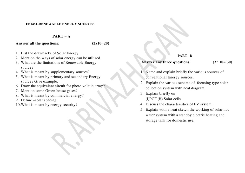 Part - A Answer All The Questions:: Ee1451-Renewable Energy Sources | PDF