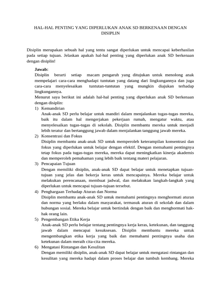 Hal-Hal Penting Yang Diperlukan Anak SD Berkenaan Dengan Disiplin | PDF