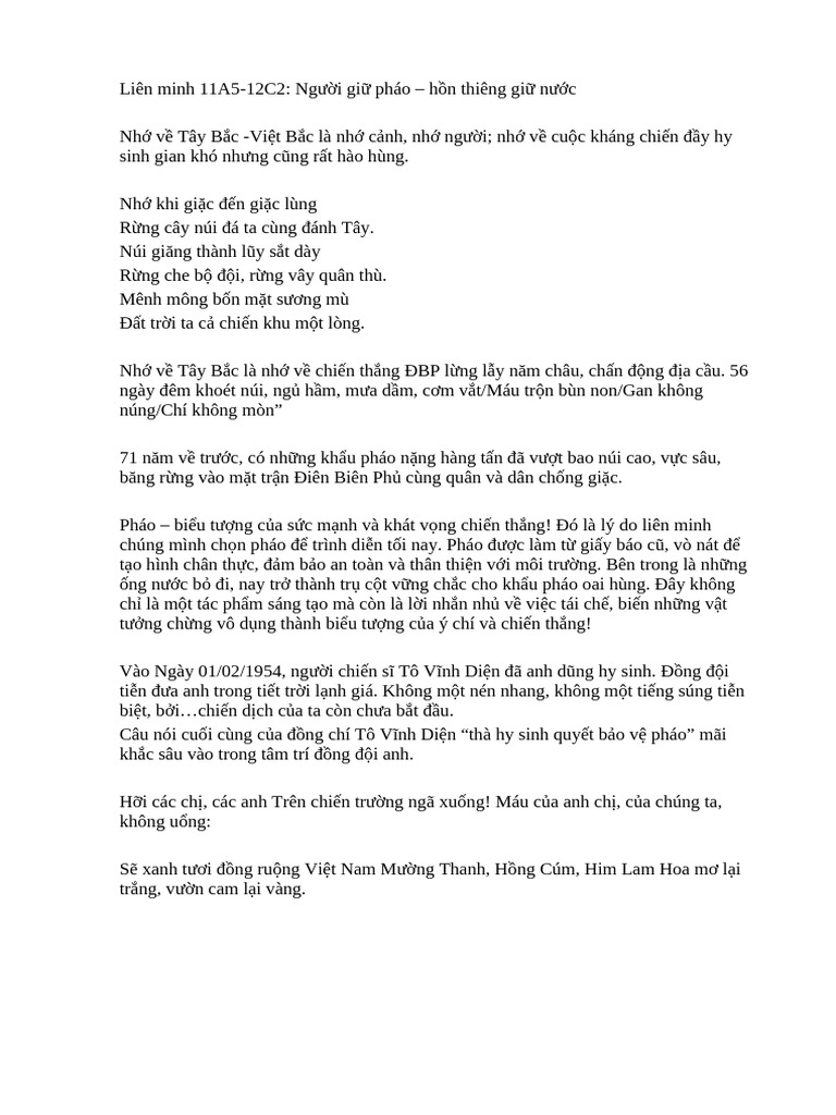 Ngư I Gi Pháo H N Thiêng Gi Nư C Liên Minh 11A5 12C2 | PDF