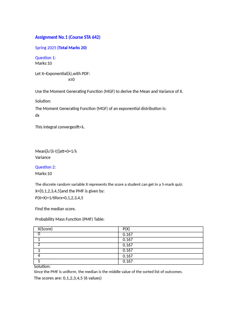 Sta642 Assignment 1 Solution by ?? | PDF